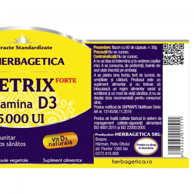 DETRIX FORTE Vitamina D3 5000 UI HERBAGETICA | Prova.ro