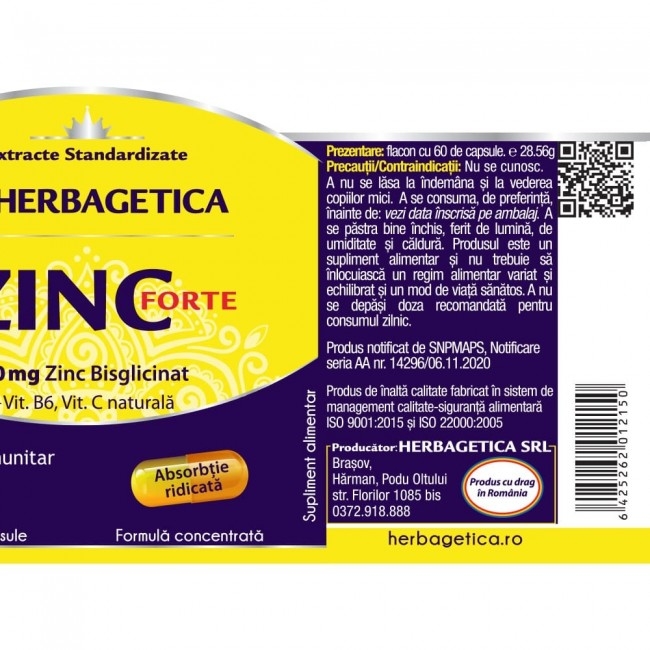 Zinc FORTE, supliment natural HERBAGETICA | Prova.ro
